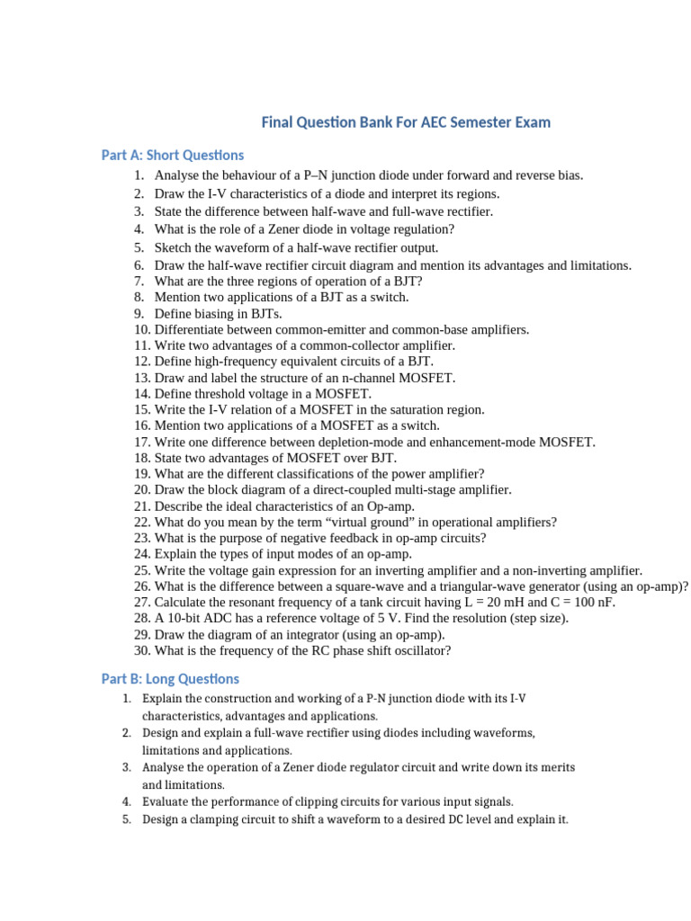 AEC Semester Exam Question Bank | PDF | Amplifier | Operational Amplifier