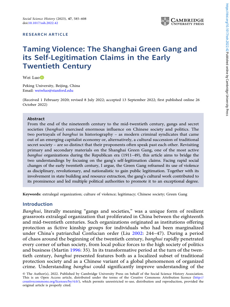 Taming Violence The Shanghai Green Gang and Its Self Legitimation ...