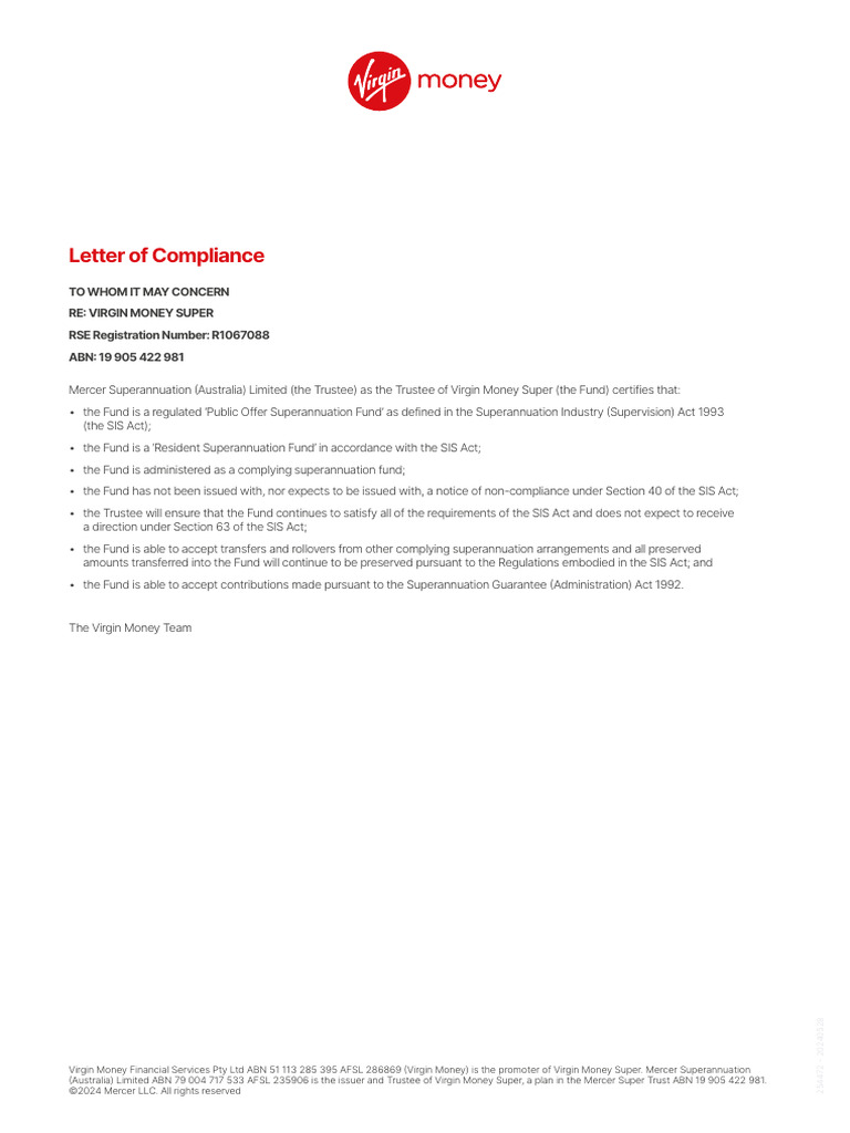 Virgin Money Super Letter of Compliance | PDF