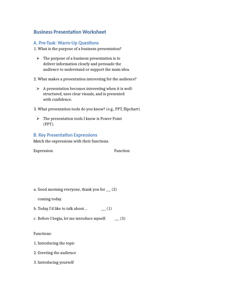 Business Presentation Worksheet Jenny Herditayanti | PDF