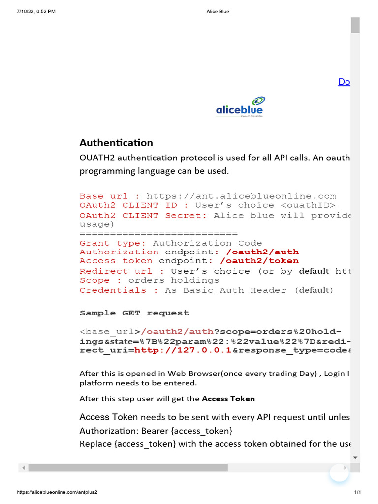 Alice Blue API OAuth2 Authentication Guide | PDF