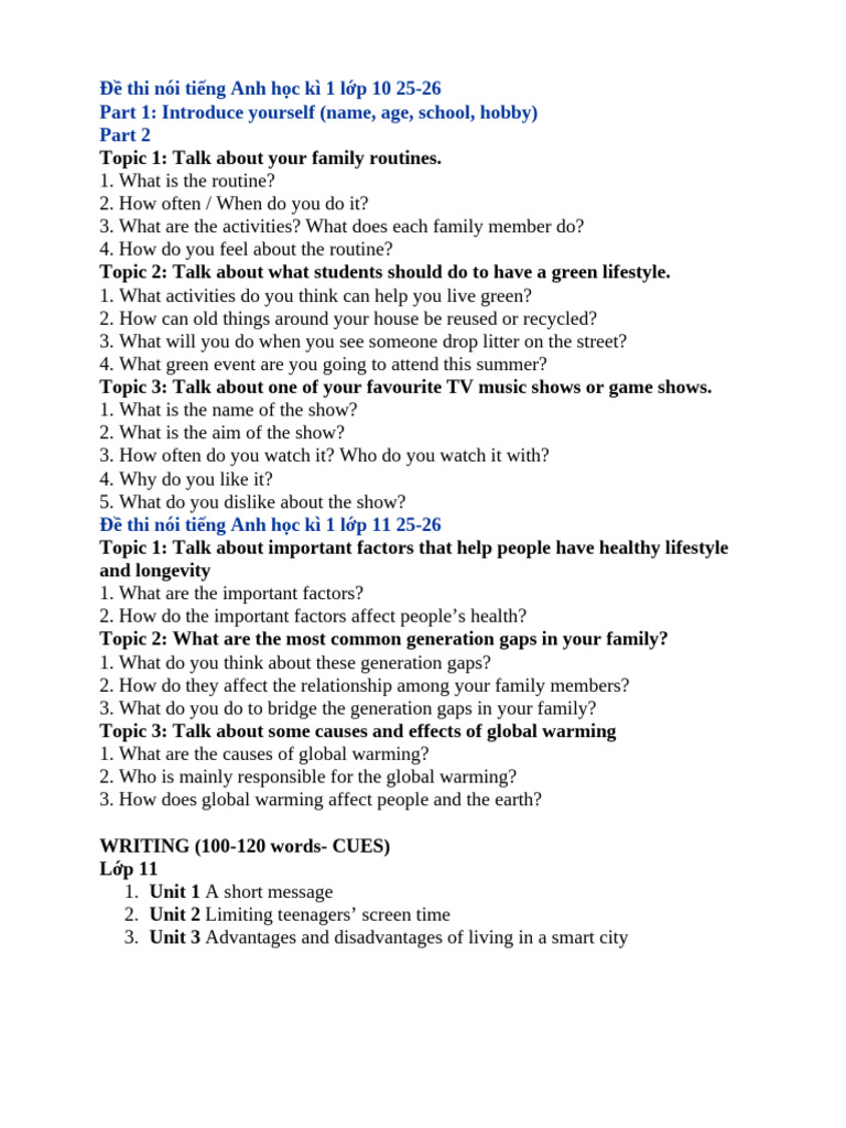 English Speaking Exam Topics for Grades 10-11 | PDF