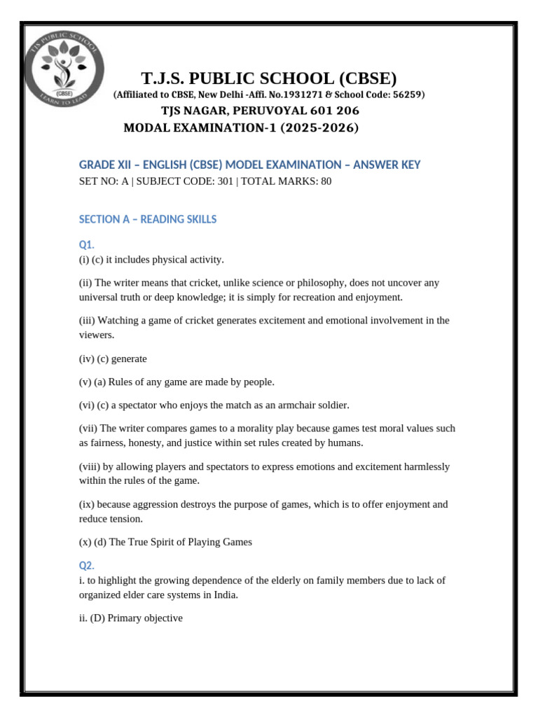 CBSE Grade XII English Model Exam Key | PDF