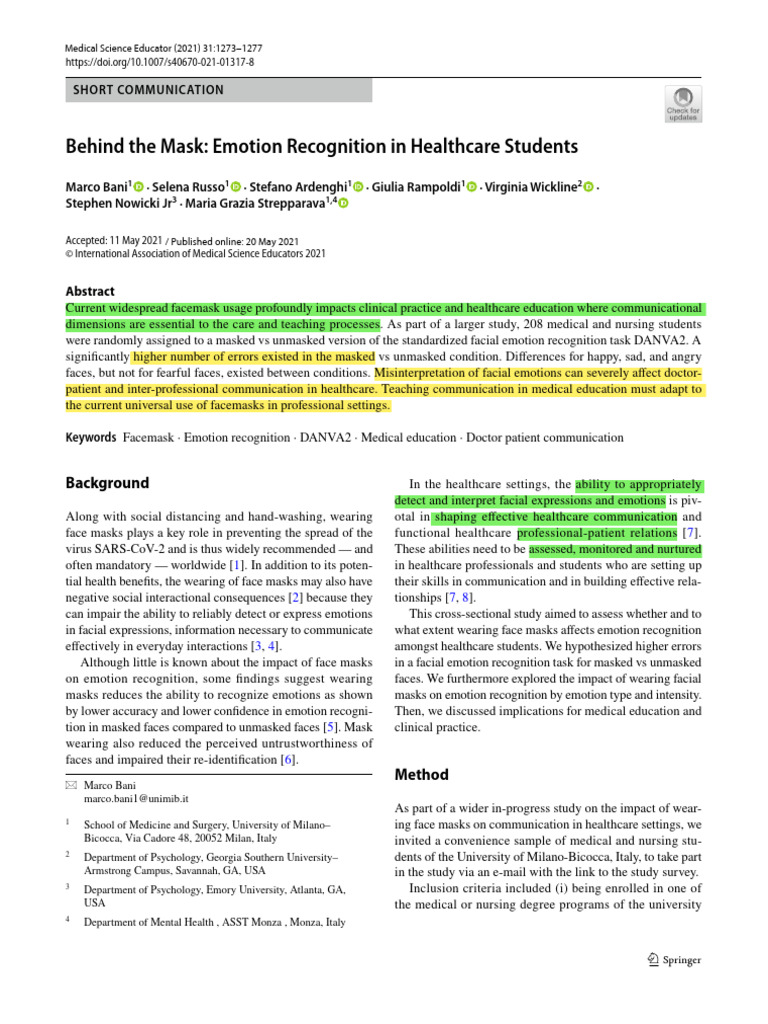 Behind The Mask Emotion Recognition in H | PDF | Errors And Residuals ...
