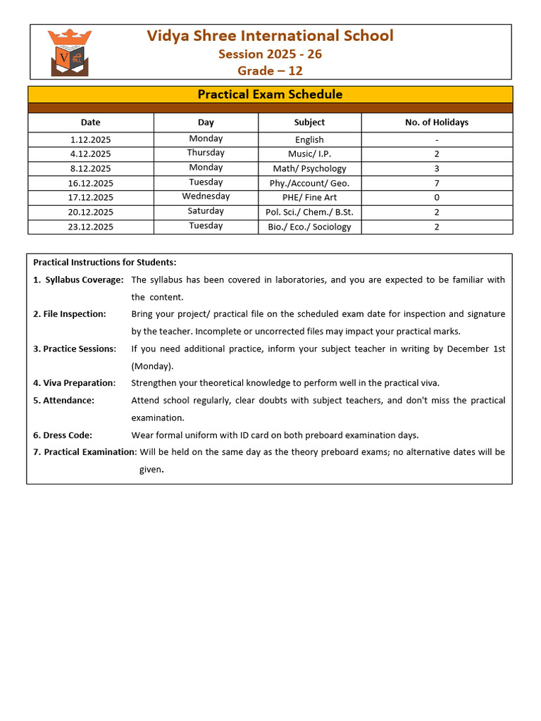 Grade 12 Practical Exam Schedule1 | PDF