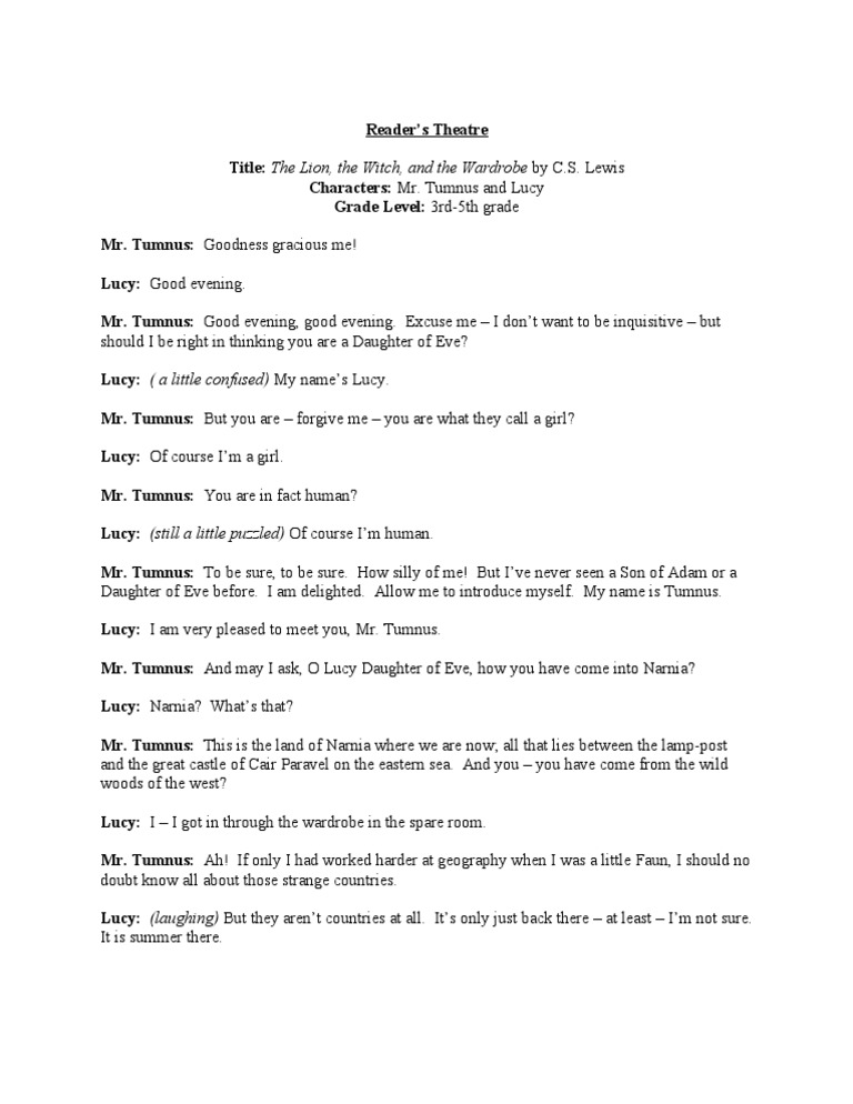 Narnia Reader's Theatre Script | PDF | The Chronicles Of Narnia | C. S ...