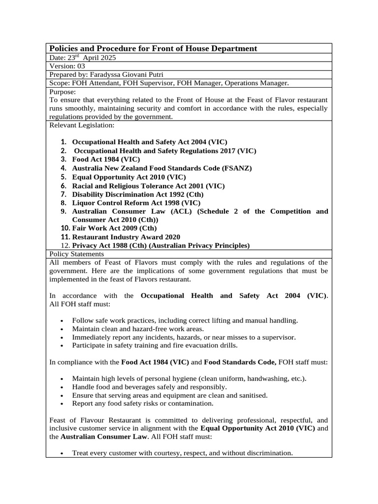 Front of House Policies and Procedures | PDF | Occupational Safety And ...