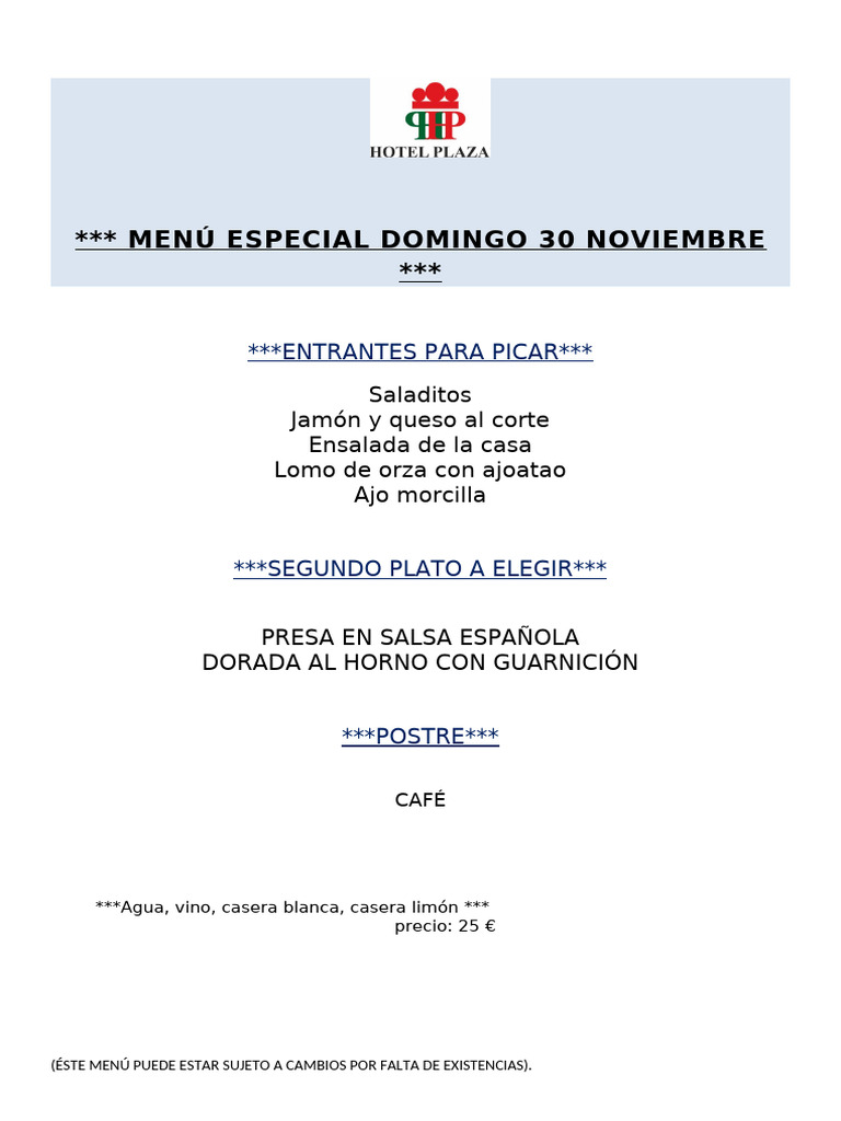 Menú Domingo 30 Noviembre | PDF