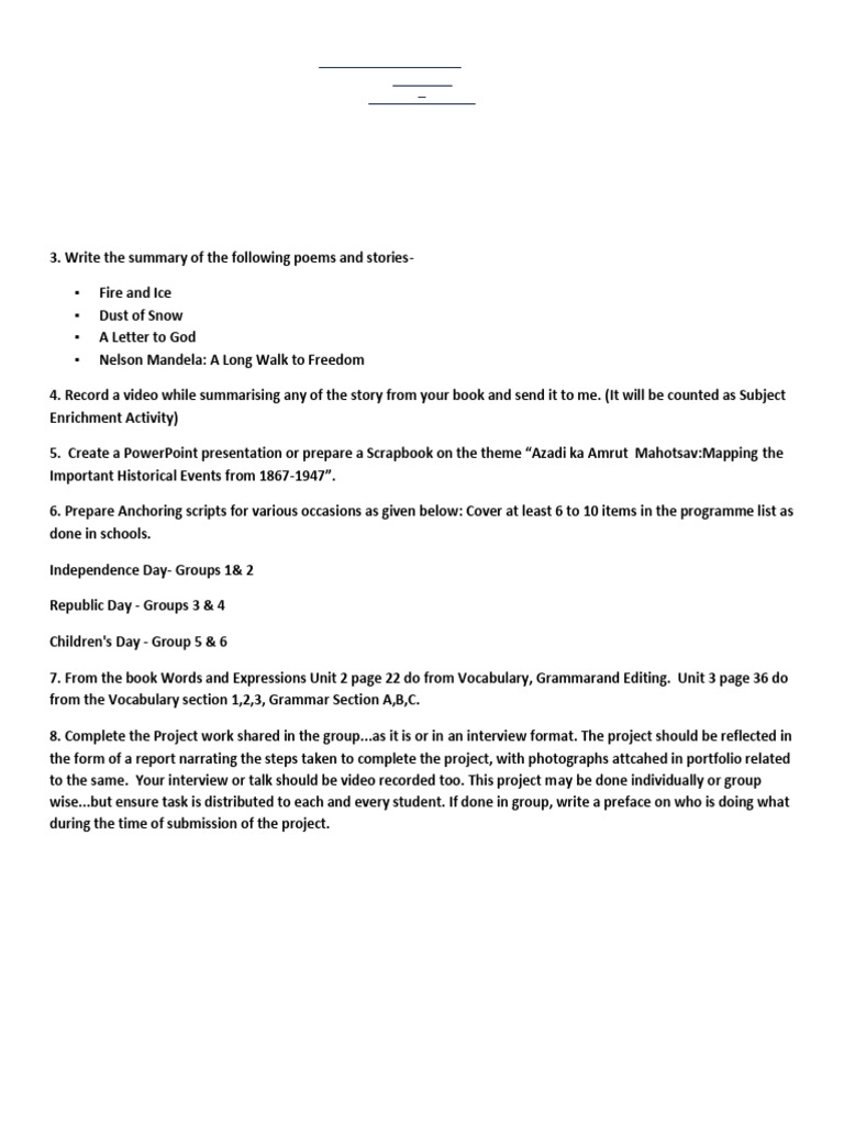 Class 10 English Summer Break Tasks | PDF