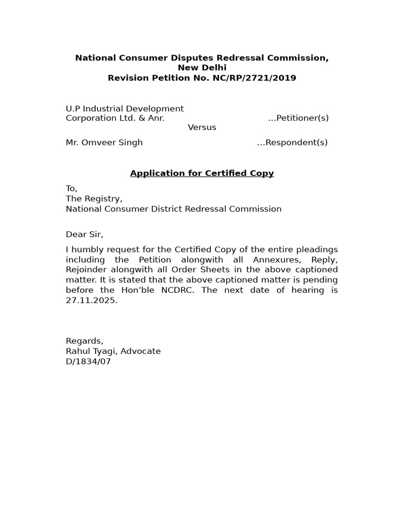 Certified Copy Request for NCDRC Case | PDF