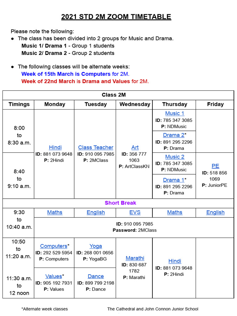 2021 2M Zoom Class Timetable | PDF