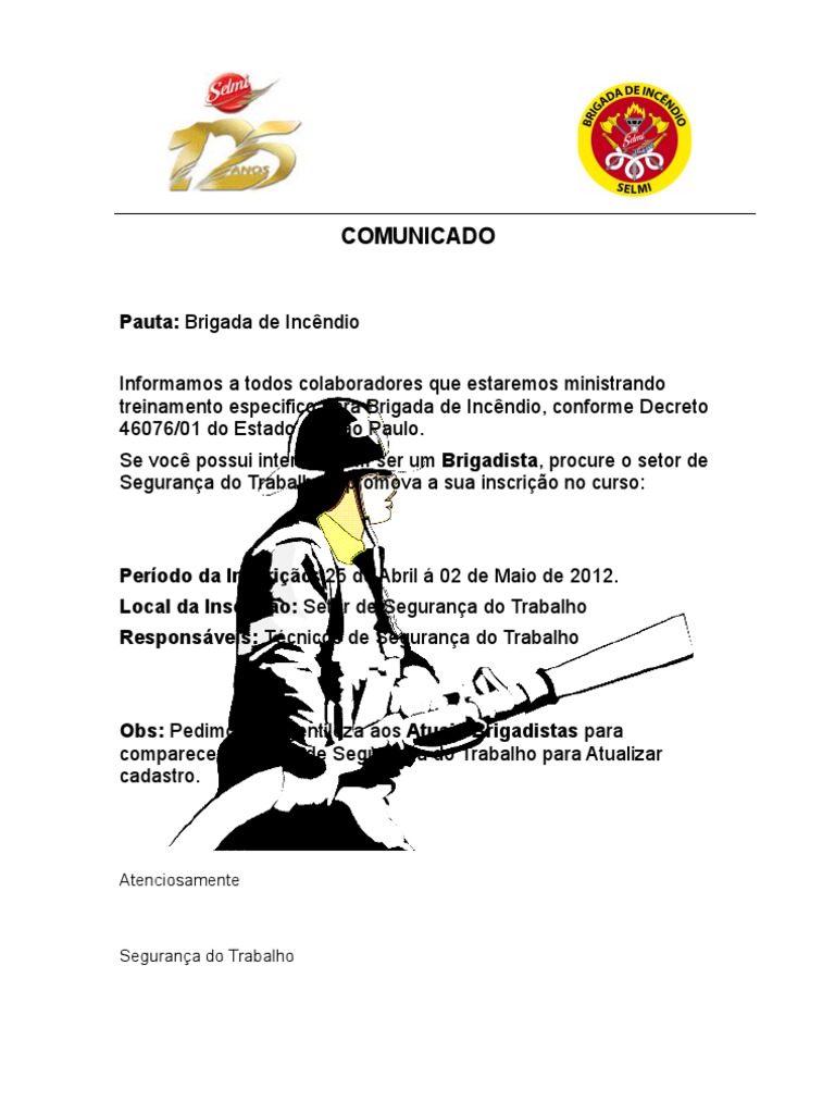 Comunicado de Inscrição Brigada | PDF | Carreira e Crescimento | Negócios