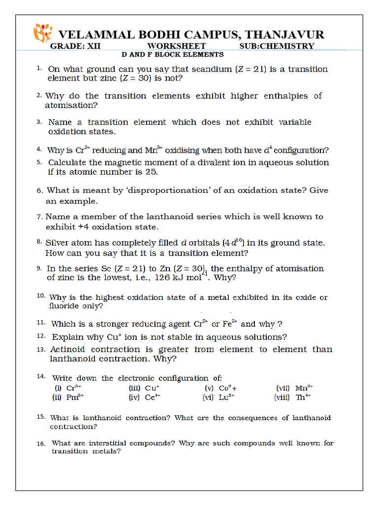 D and F Block Elements Xii Che (10.12.24) | PDF