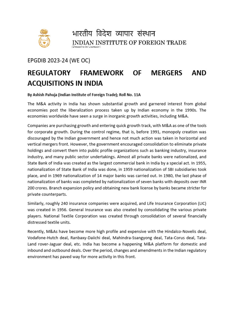 Mergers & Acquisitions Regulatory Framework in India | PDF | Mergers ...