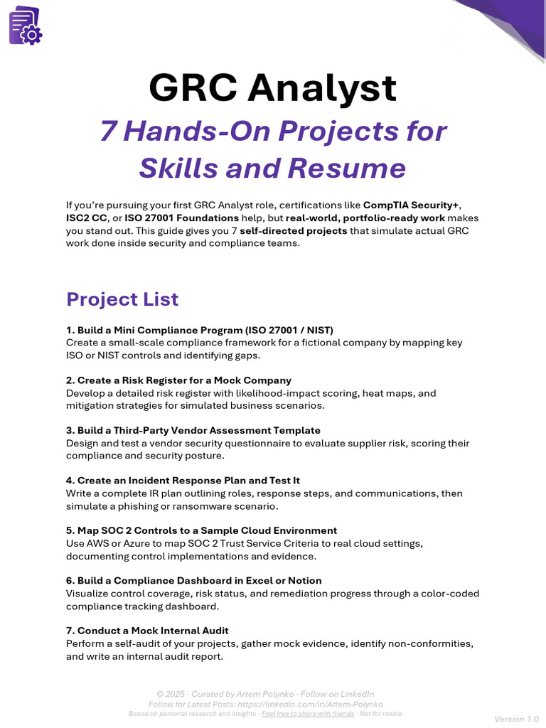 GRC Analyst: 7 Essential Projects for Skills | PDF | Risk | Microsoft Excel