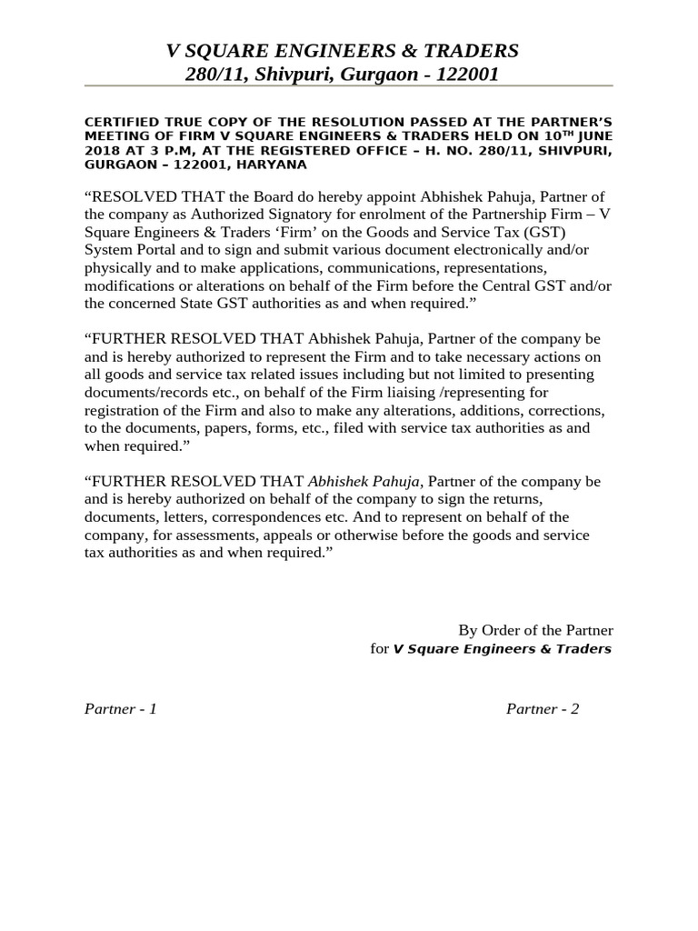GST Authorization Resolution for V Square | PDF