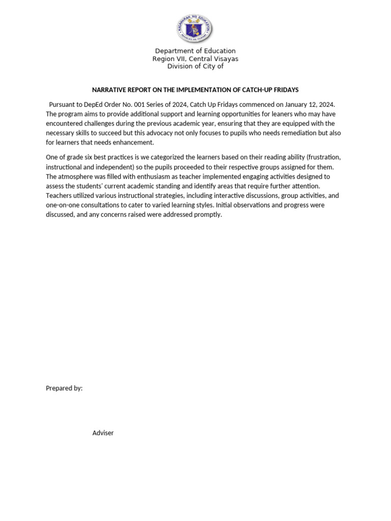 Narrative Report On The Implementation of Catch | PDF