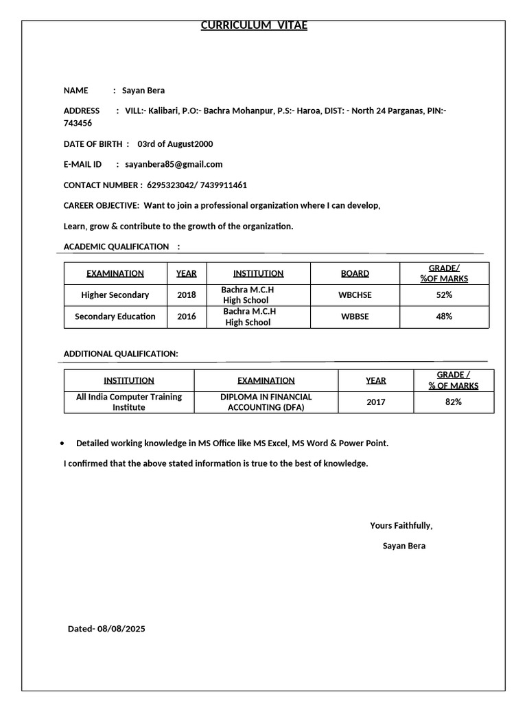 Sayan Bera's Professional CV | PDF
