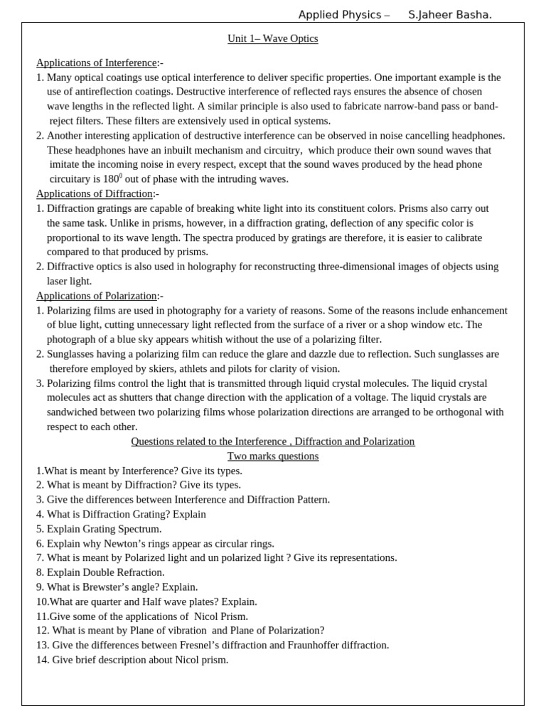 Wave Optics Applications and Concepts | PDF | Diffraction | Maxwell's ...