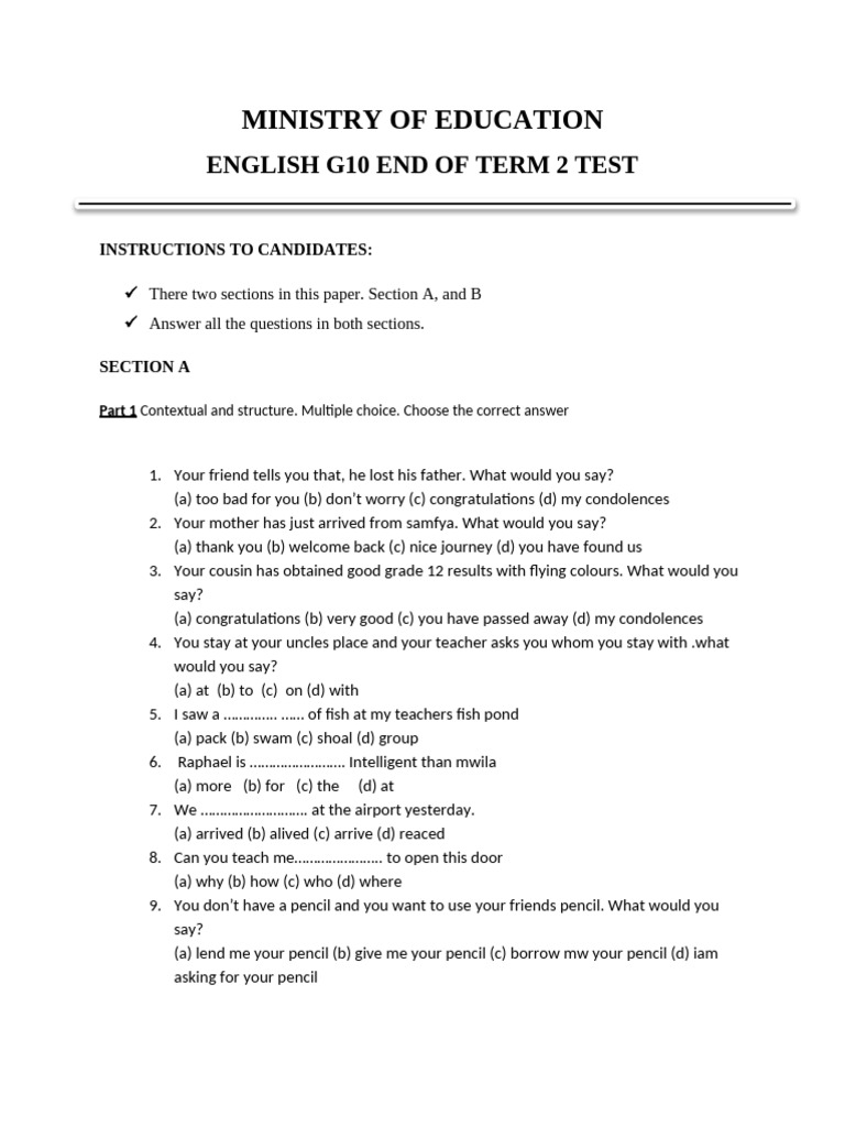 g10 English End of Term 2 Test | PDF