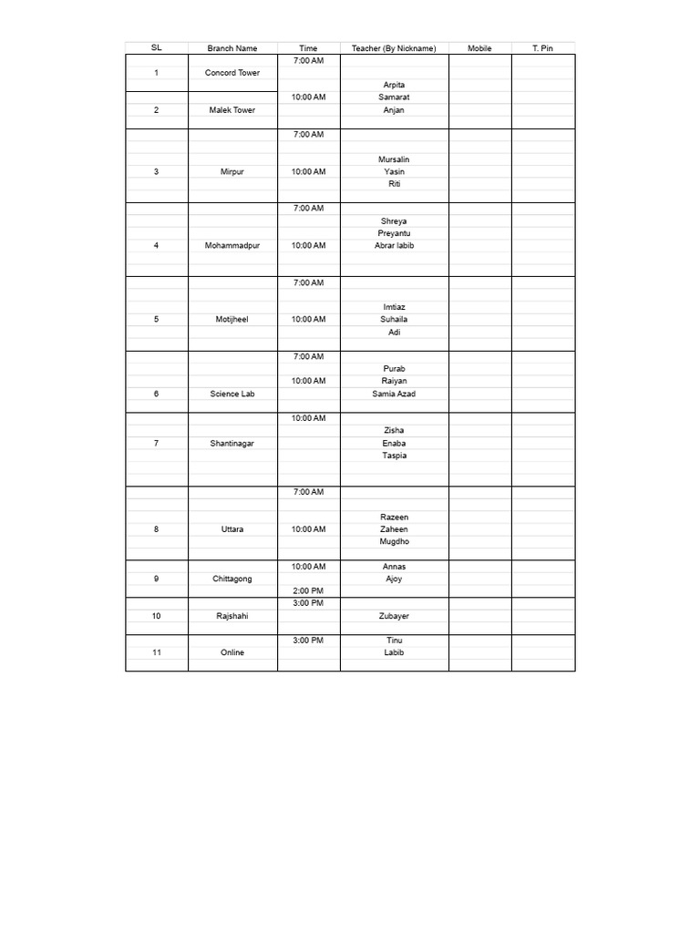 Teacher Schedule by Branch and Time | PDF