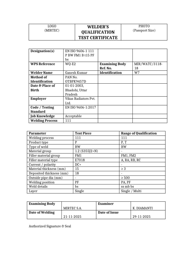 MIRTEC Welder Qualification Certificate Exact A4 | PDF