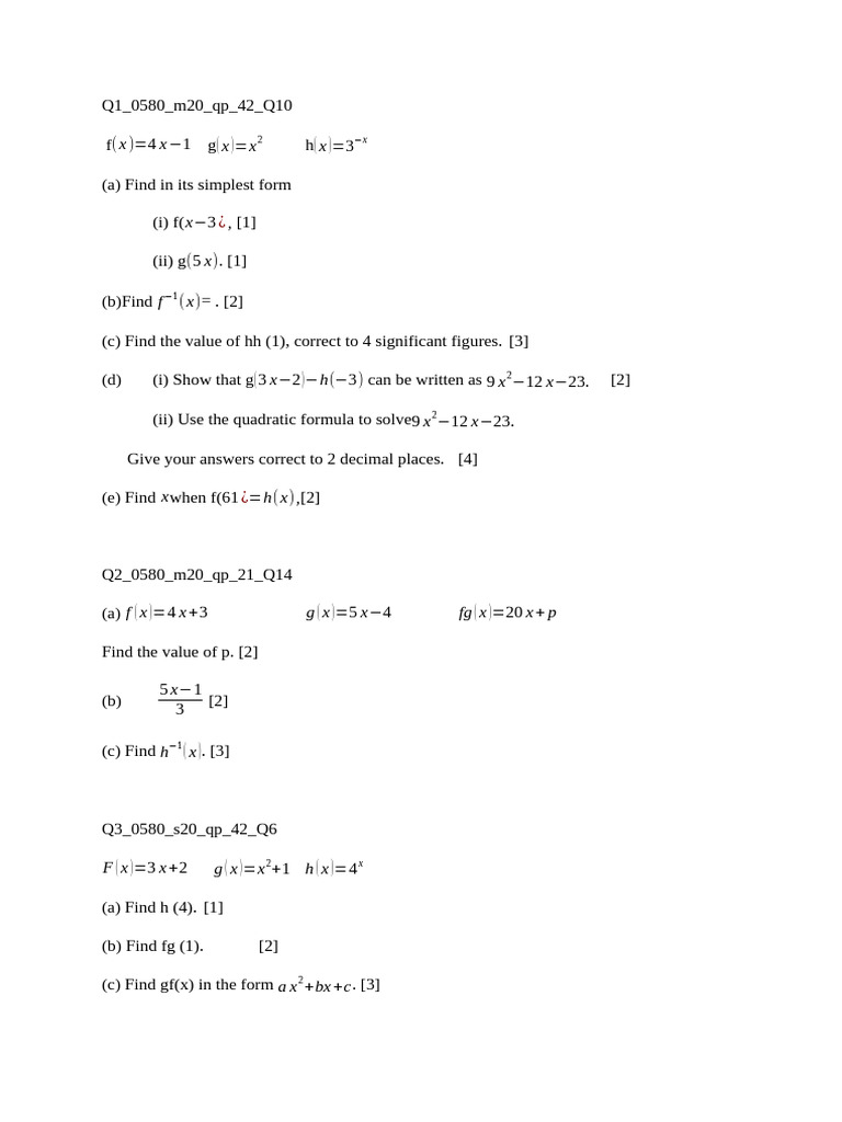 Functions and Inverse Calculations | PDF | Mathematical Concepts | Algebra