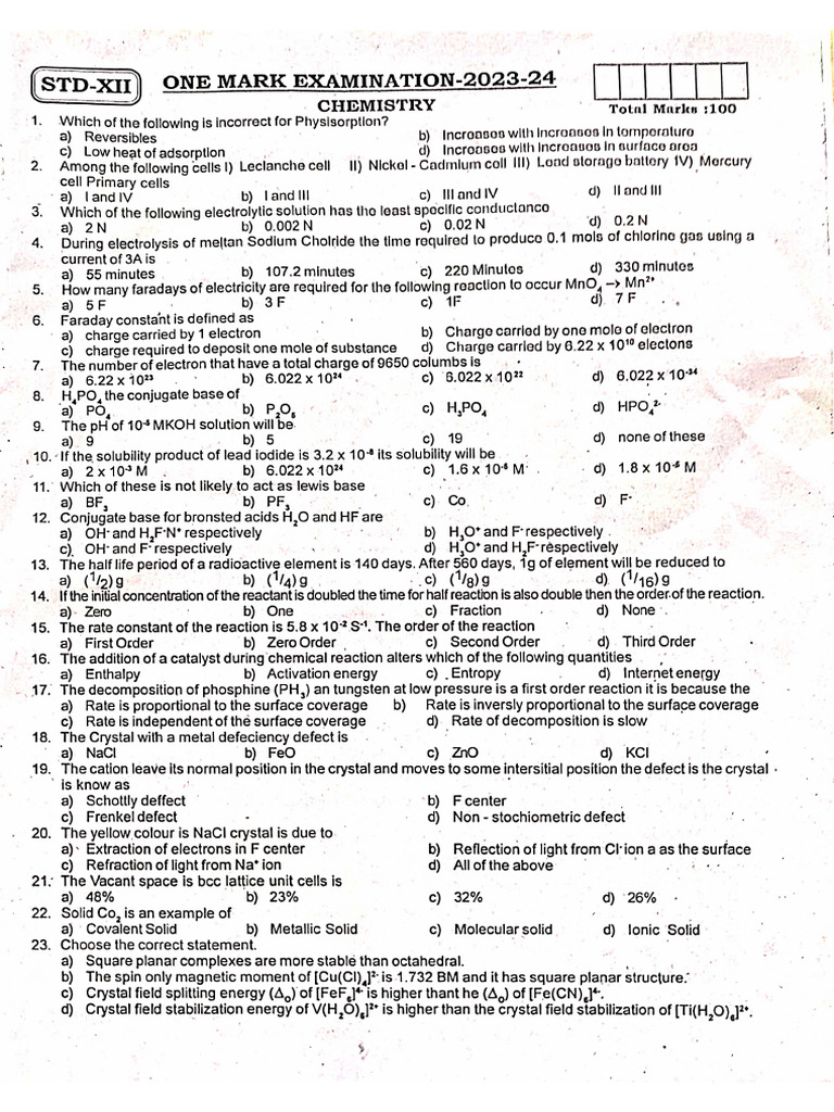 12th Che em One Mark 100 2024 | PDF
