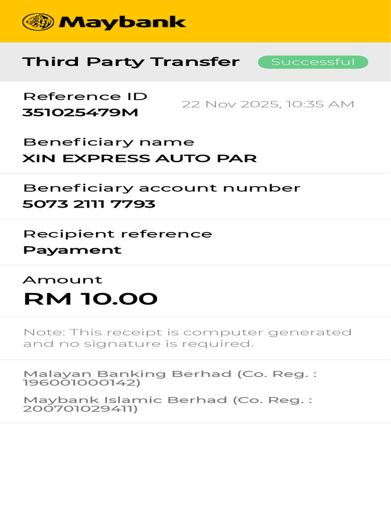Third Party Transfer Receipt - RM 10.00 | PDF