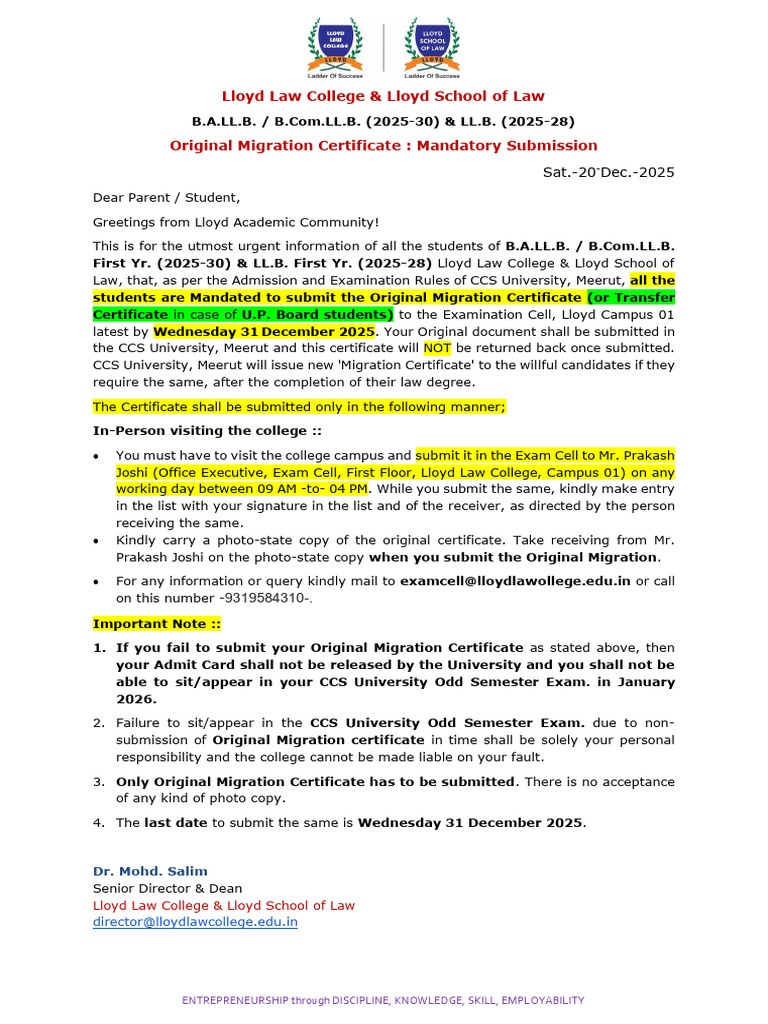 Urgent: Submit Migration Certificate by Dec 31 | PDF | Qualifications ...