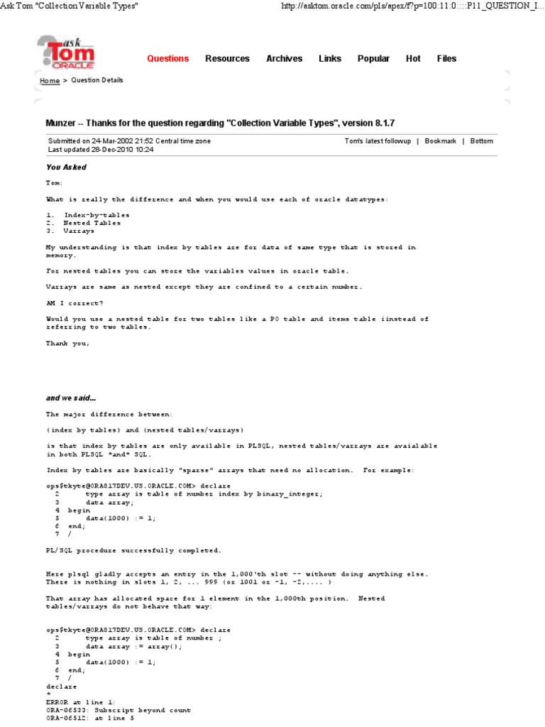 Collection Variable Types | Download Free PDF | Pl/Sql | Array Data ...
