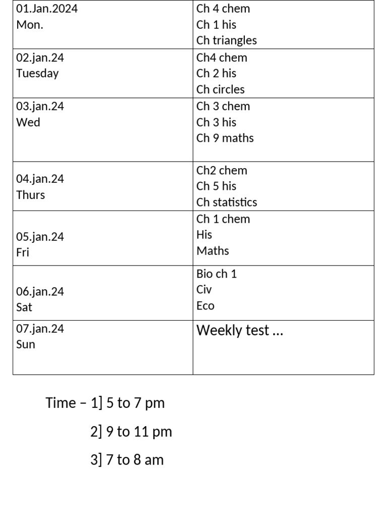 Weekly Study Schedule January 2024 | PDF