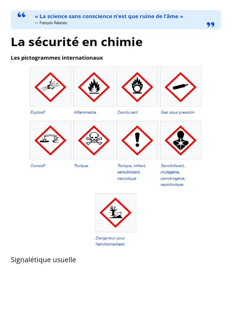 Sécurité en chimie : Pictogrammes et risques | PDF | Eau | Peau