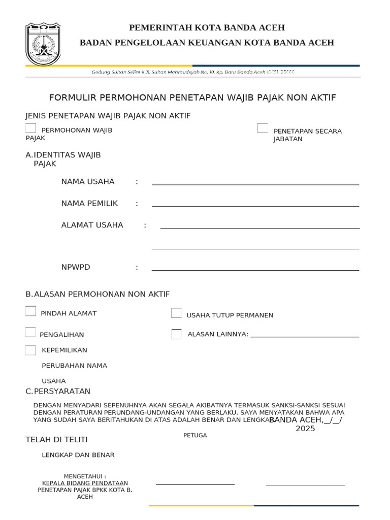 Formulir Permohonan Pajak Non Aktif | PDF