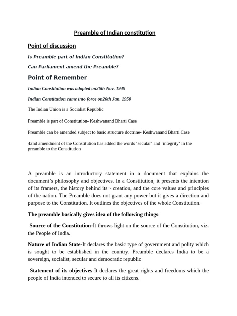 Preamble of Indian Constitution | PDF | Constitution | Legal Documents