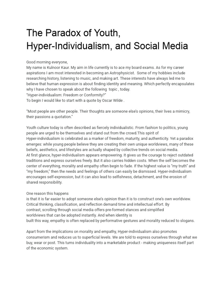 Hyper-Individualism in Youth Culture | PDF | Liberal Arts Education ...