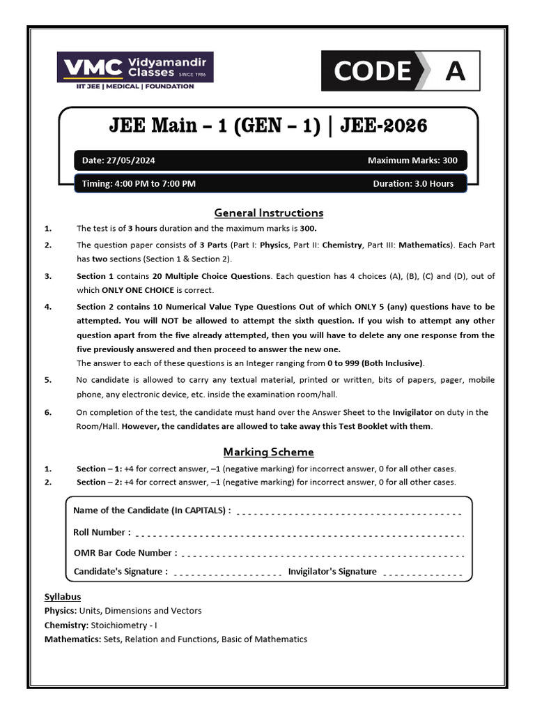 JEE Main 2026 Exam Instructions & Syllabus | PDF | Force | Density