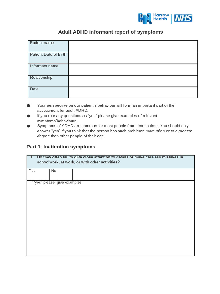 Adult ADHD Symptom Assessment Form | PDF | Attention Deficit ...