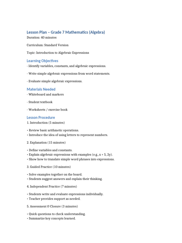 Grade 7 Algebra Lesson Plan | PDF