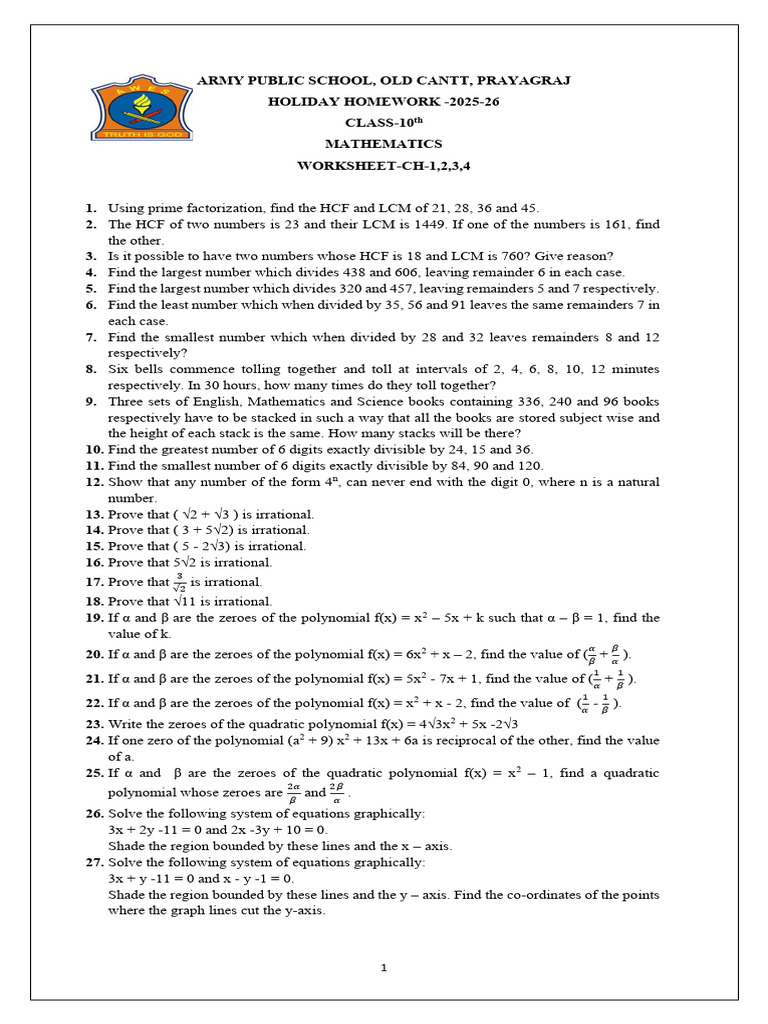 Class 10 Math Holiday Homework 2025-26 | PDF | Polynomial | Quadratic ...