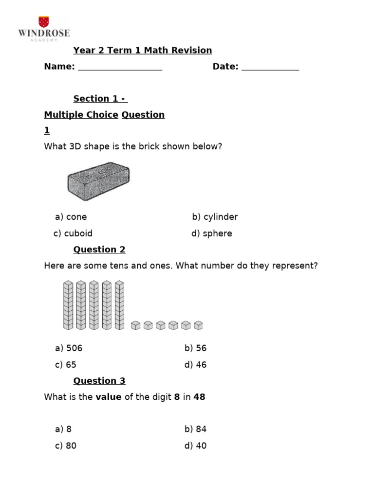 Year 2 Term 1 Math Revision | PDF | Shape | Euclidean Geometry