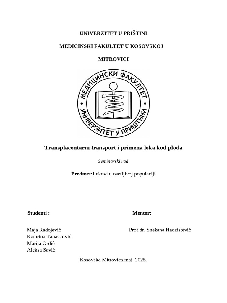 Transplacentarni Transport I Primena Leka Seminarski Rad | PDF