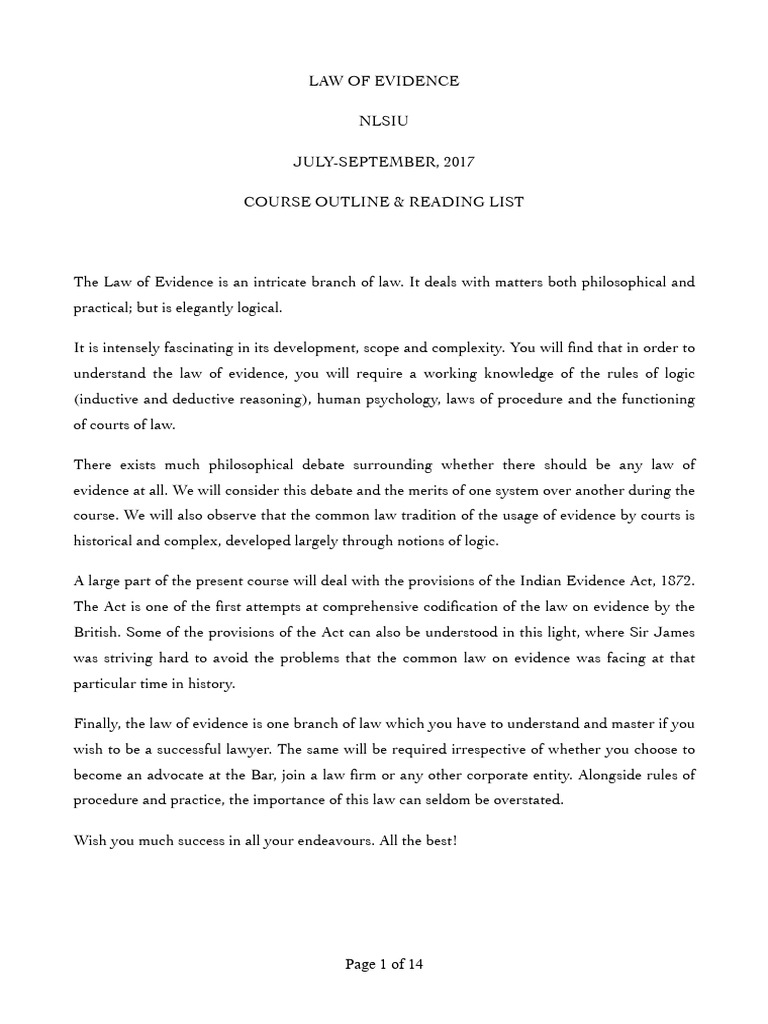 Indian Evidence Act Course Outline | PDF | Daubert V. Merrell Dow ...