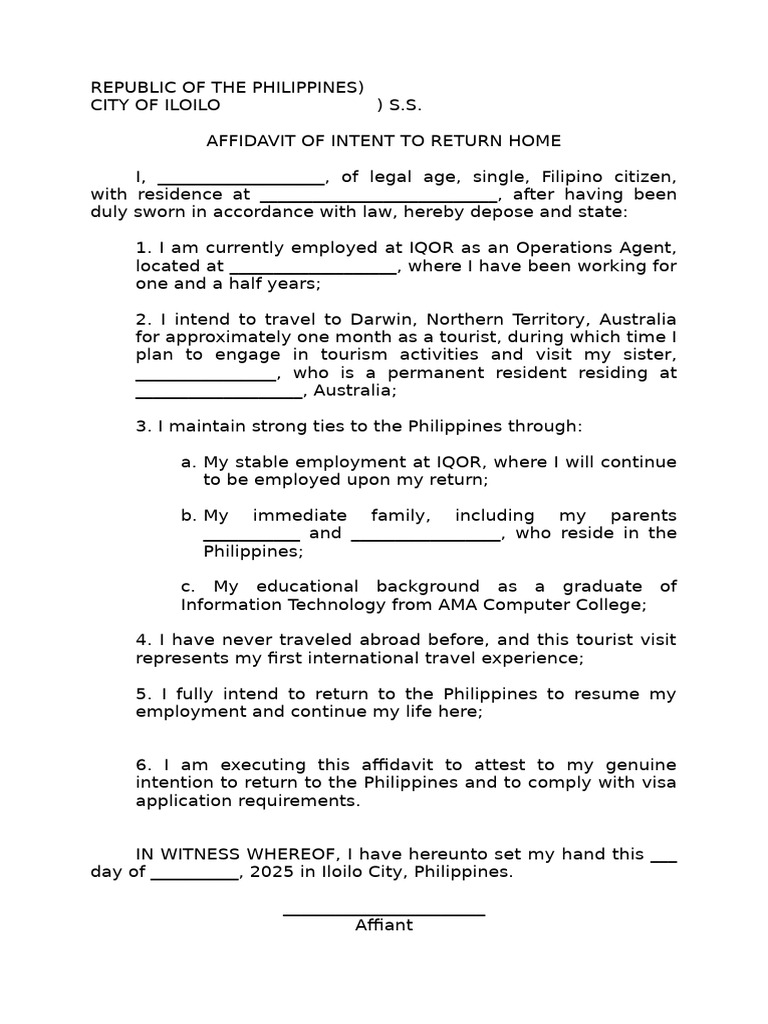 Affidavit of Intent to Return Home | PDF