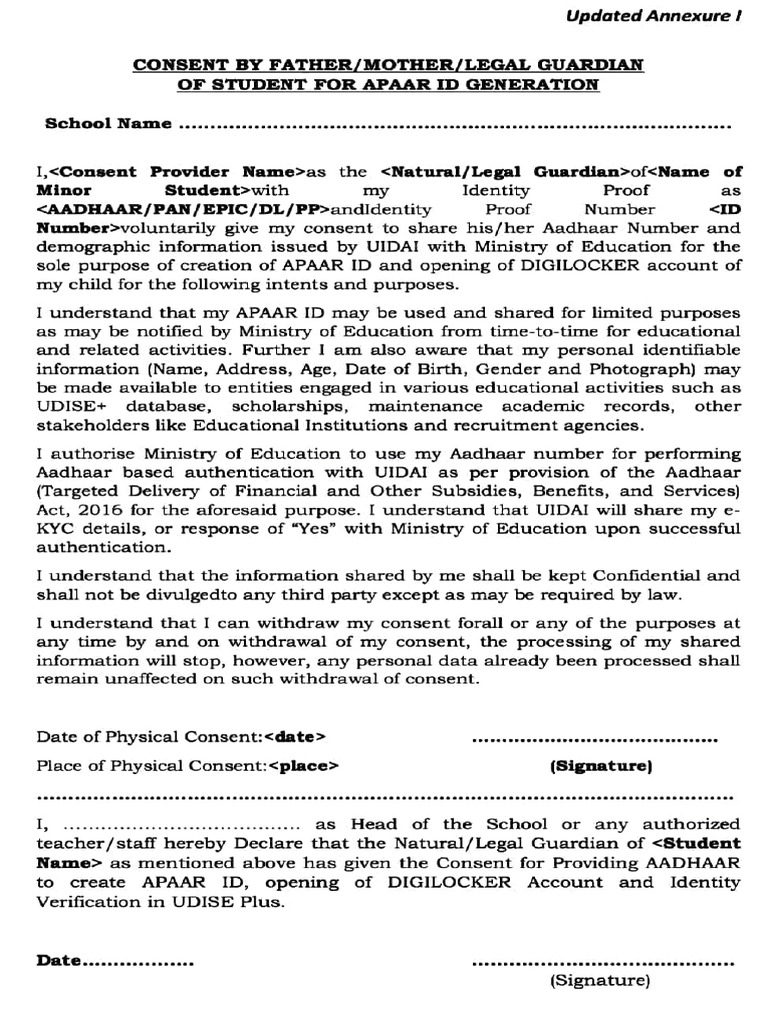 Apaar Id Parents Consent Form | PDF | Privacy