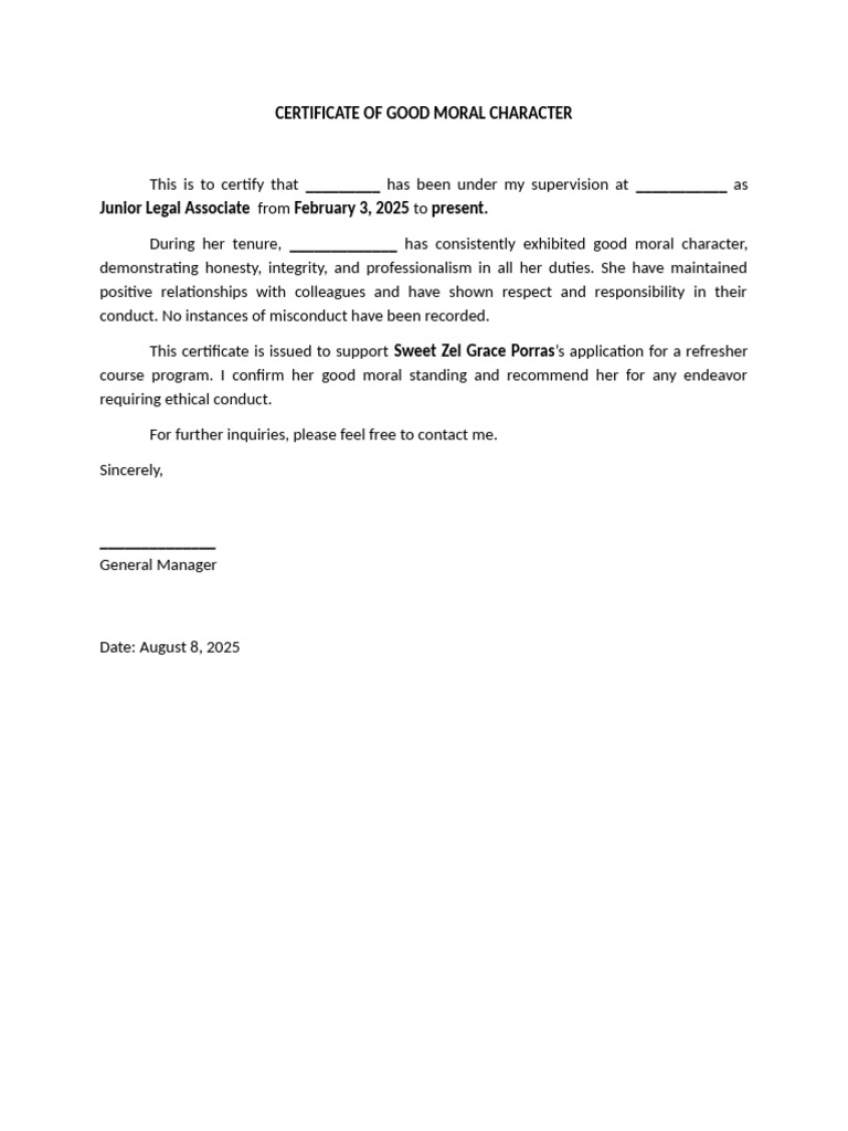 Certificate of Good Moral Character | PDF