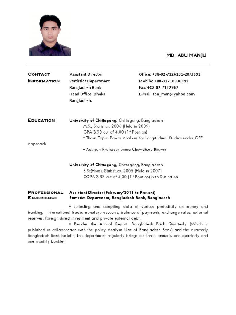 Abu Manju CV | PDF | Bangladesh | Statistics