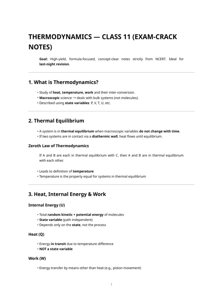 Thermodynamics Exam Notes for Class 11 | PDF | Heat | Thermodynamic ...