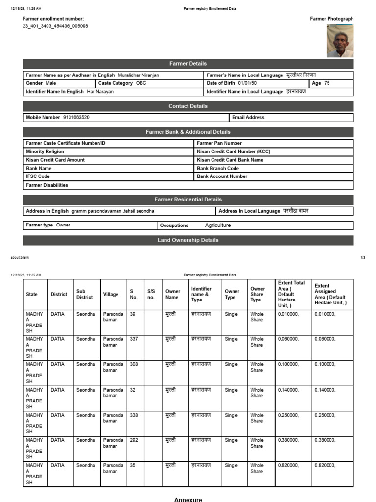 Farmer Registry Enrollement Data | PDF