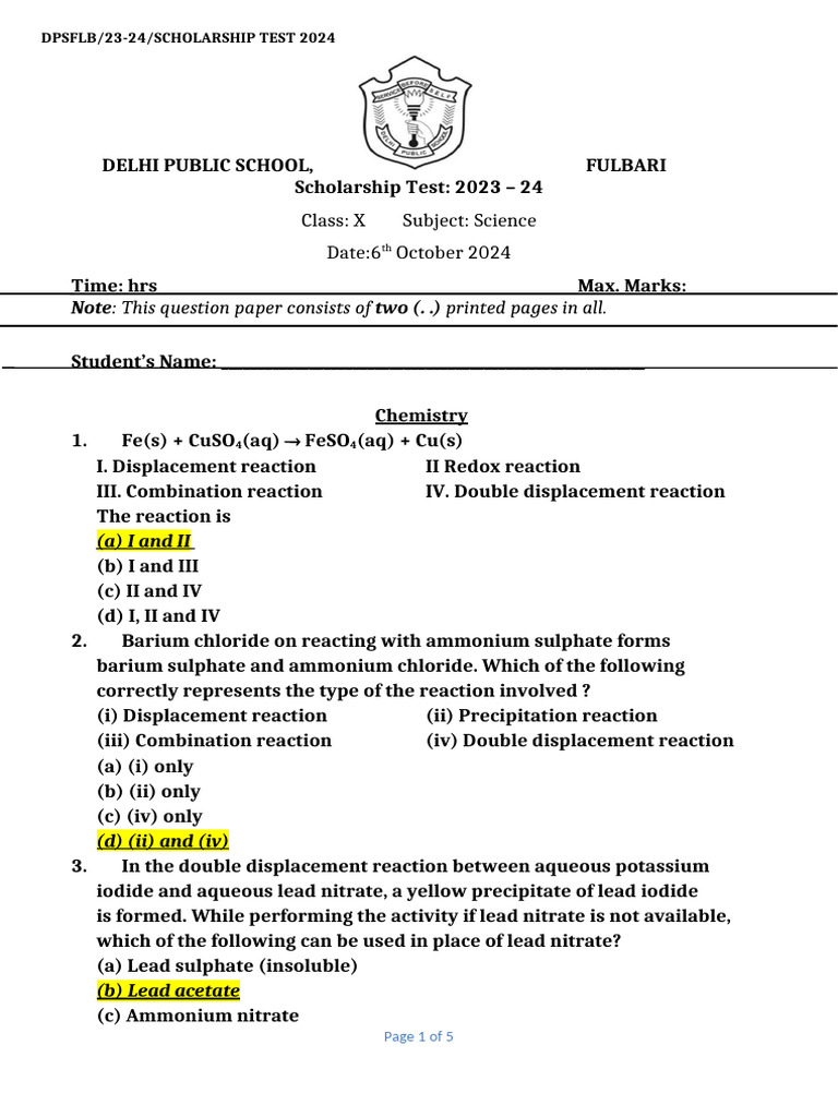 DPS Fulbari Class X Science Scholarship Test | PDF | Precipitation ...